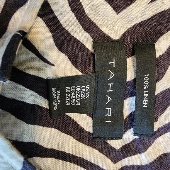 Tahari | Tops | Tahari Animal Print 0 Linen Collarless Buttondown Shirt ...